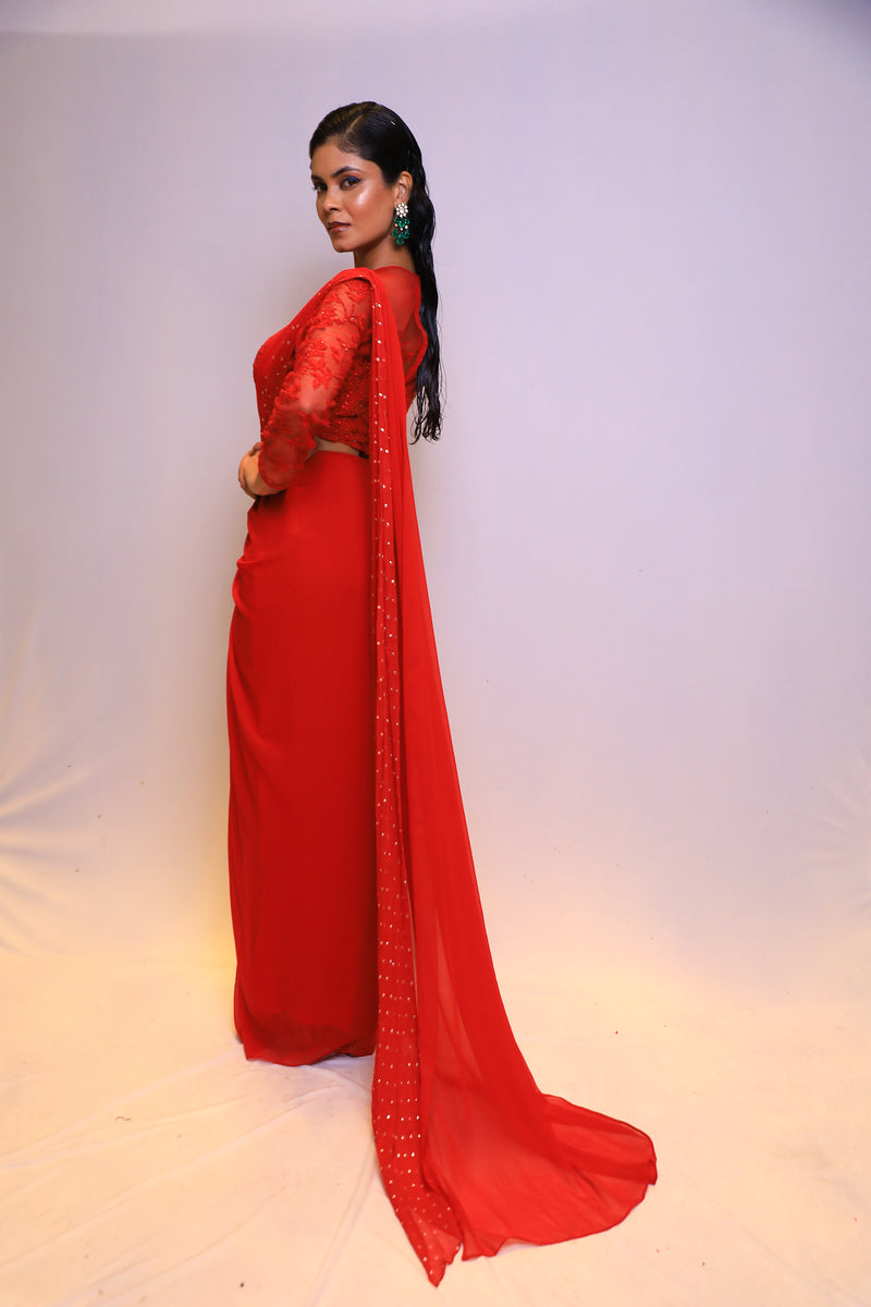 Elegant Red Mukesh Work Saree – Mynah Designs