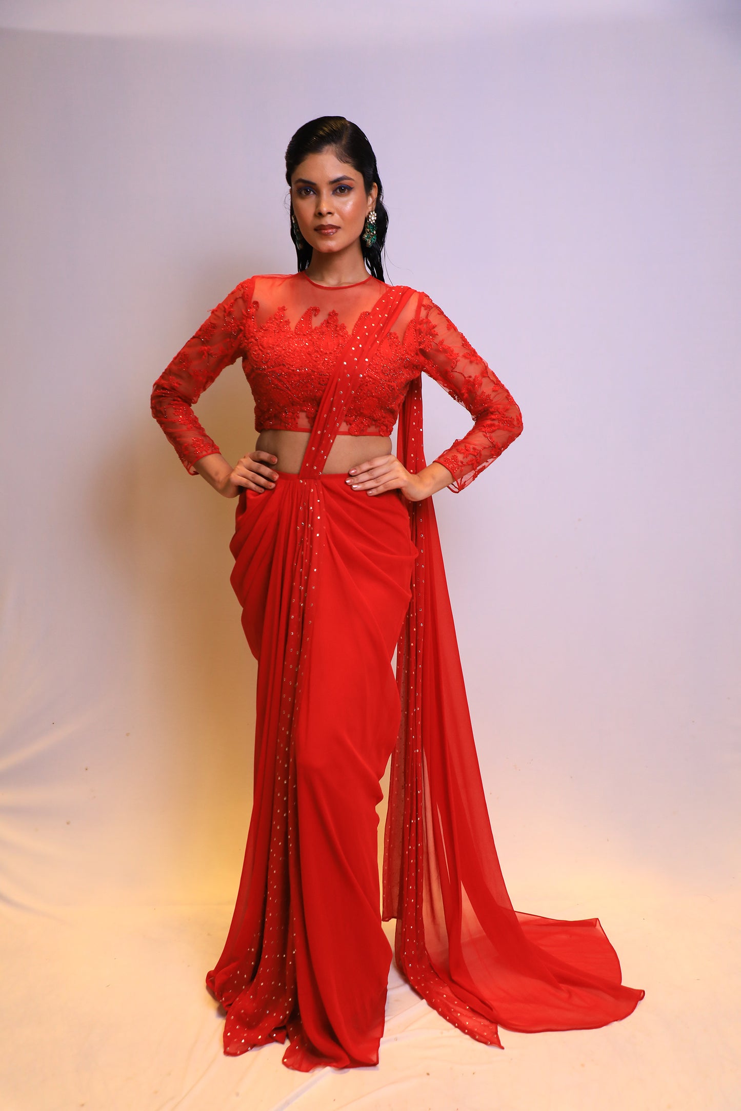 Elegant Red Mukesh Work Saree – Mynah Designs